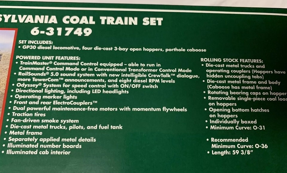 LIONEL TMCC PENNSYLVANIA COAL TRAIN SET 6-31749! PRR GP-30 DIE CAST ...