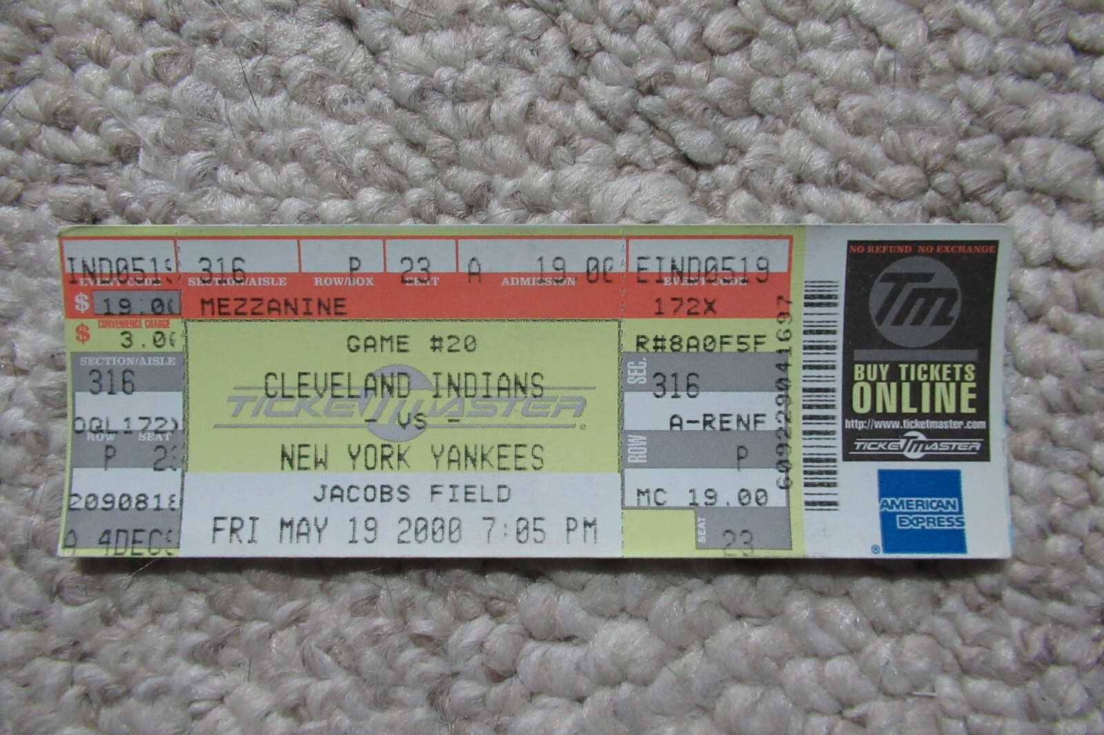 INDIANS VS YANKEES 5/19/2000 FULL TICKET ~ O'NEILL/LEDEE/SEXSON/RAMIREZ ...