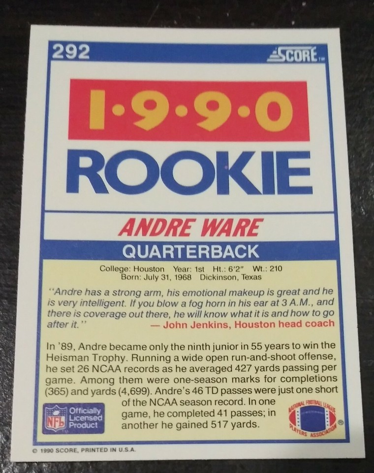 1990 Score Andre Ware Rookie Card #292 - Many Sport & Non Sport Cards ...
