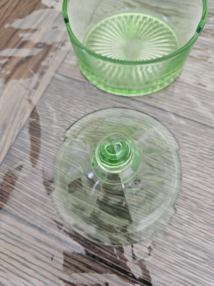 Hazel Atlas Glass Green Uranium Colonial Block Candy Dish w Lid Ribbon ...