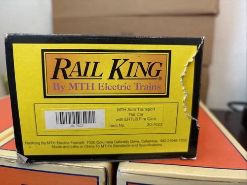 MTH RAIL KING 30-7623 AUTO TRANSPORT FLAT CAR WITH ERTL FIRE CARS IN ...