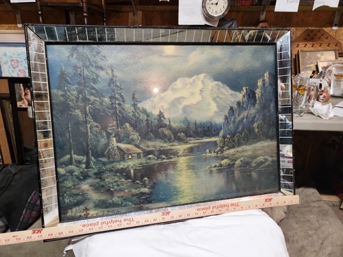 Vtg Wood Mirror Framed Cabin Moonlight Scene 23"x31”Art Deco MCM ...