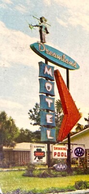 MID CENTURY MODERN GOOGIE Sign POSTCARD Savannah Ga. DREAMLAND MOTEL ...