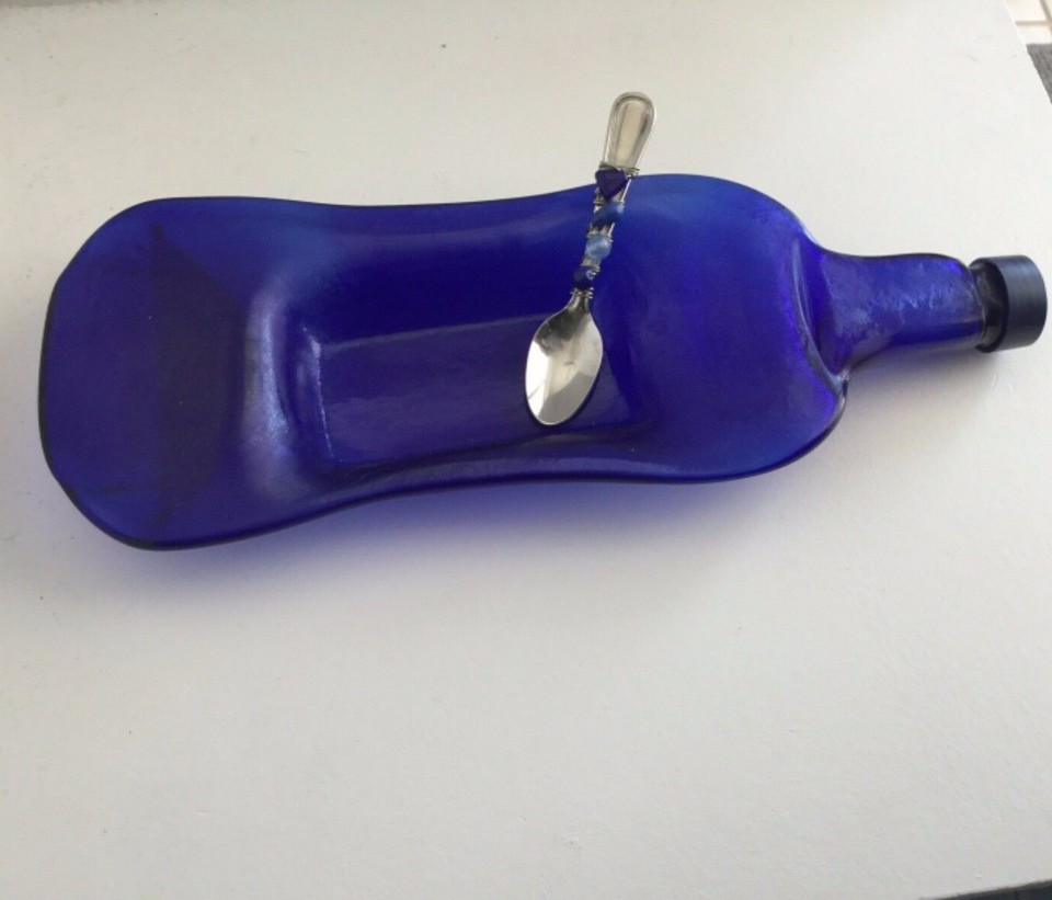 Handmade Decorative Melted Glass Bottle Blue Spoon Rest Trinket Dish ...
