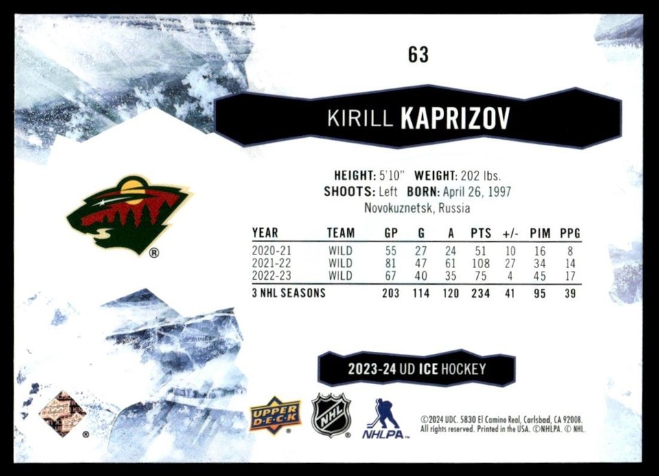 2023-24 Upper Deck Ice Green Kirill Kaprizov #63 | eBay UK