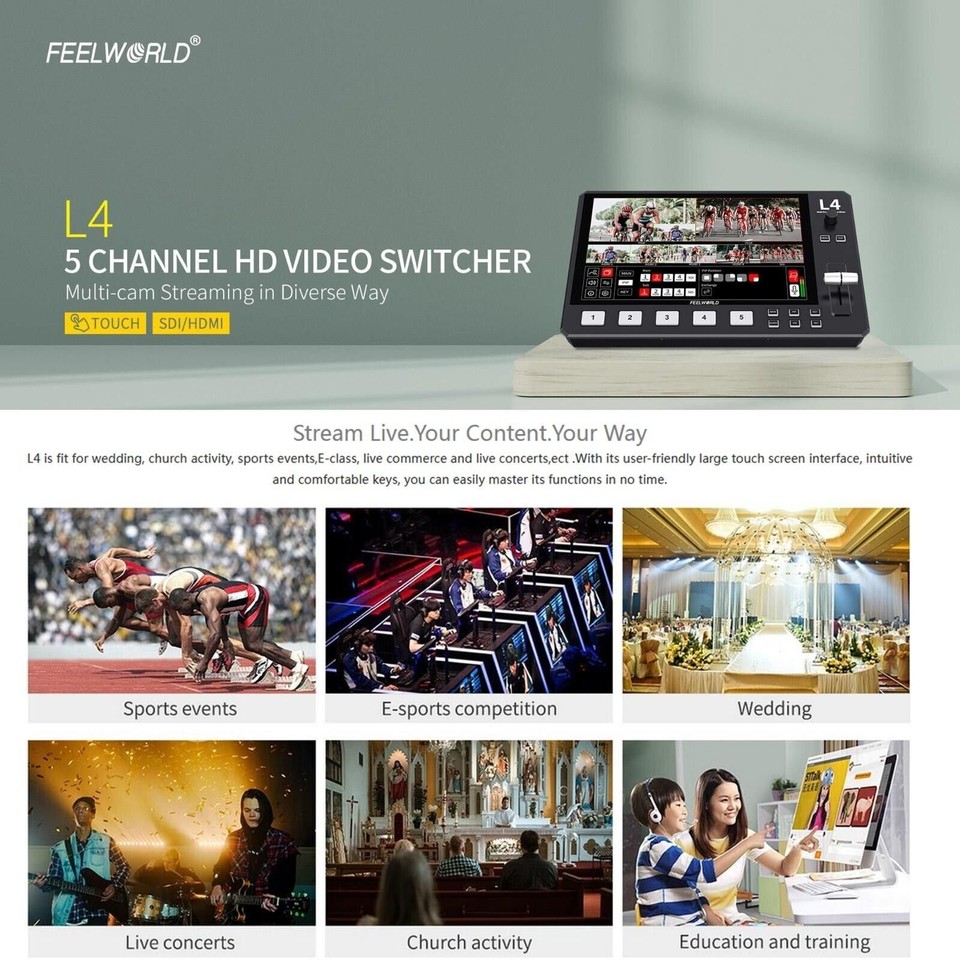 Feelworld L4 Multi-Camera Video Mixer Switcher 10.1inch HD Touch Screen ...