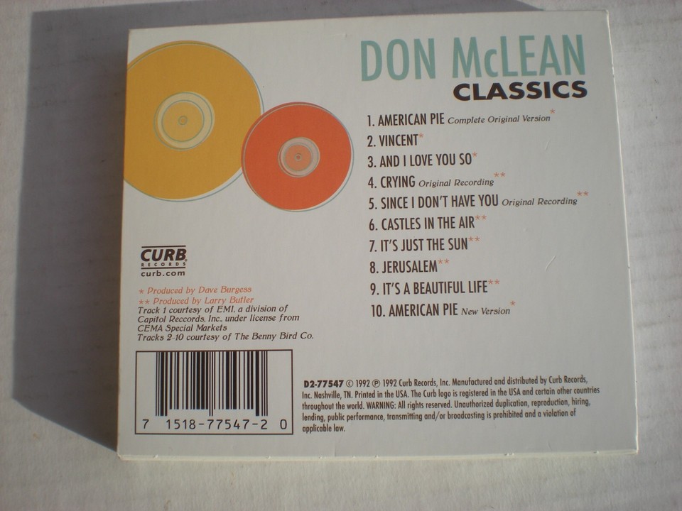 Don McLean Classics (1992 Curb) Audio CD Near-Mint 715187754720| eBay