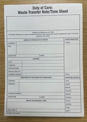 SCRAP METAL DUTY OF CARE WASTE TRANSFER NOTE/TIME SHEET PAD (WM/052 ...
