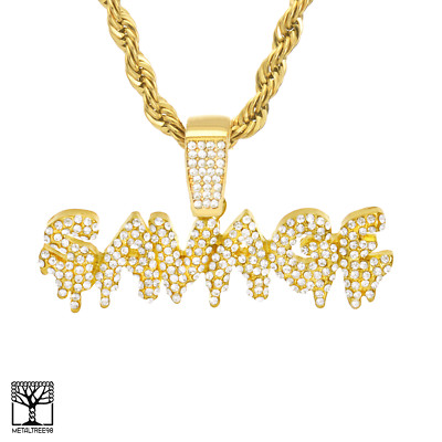 Iced Dripping SAVAGE Sign 14K Gold Plated CZ Pendant Chain Necklace HC ...