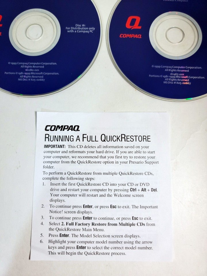 Compaq Quick Restore 2nd Edition April 1999 Computer Disk #1 & #2 Model ...