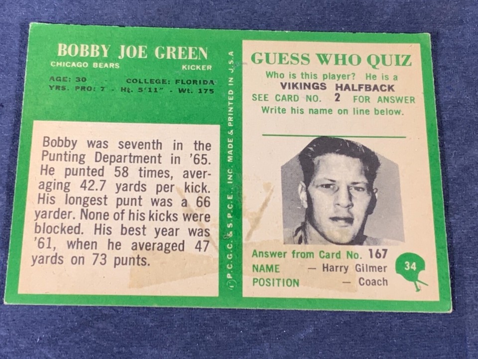 A5-99 FOOTBALL CARD - BOBBY JOE GREEN CHICAGO BEARS -1966 PHILADELPHIA ...