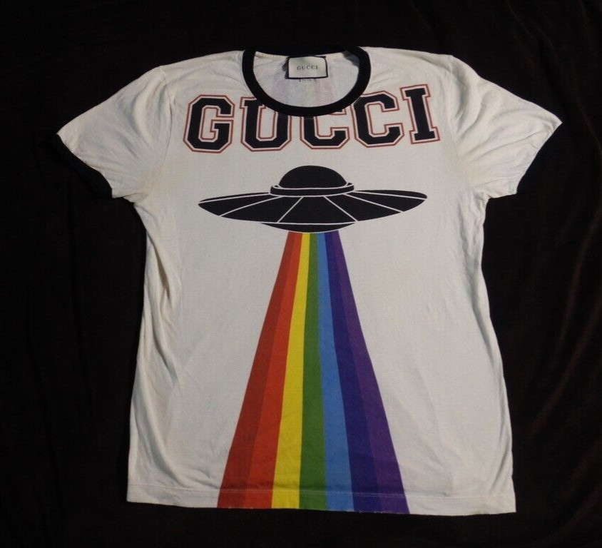 Gucci Rainbow UFO Dragon Ringer Tee Shirt Size Large - Gem