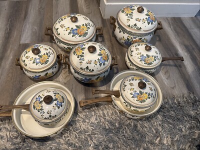 German ASTA Floral Cookware Set Brass Handle Enamelware 16 Piece Set ...