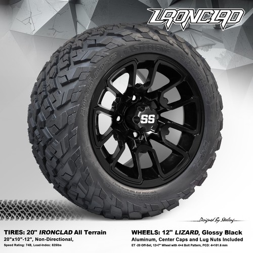 4x GOLF CART 12" BLACK LIZARD WHEELS and 20"x10"-12" IRONCLAD ALL ...