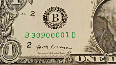$1 One Dollar Rare Fancy Serial Number: B30900001D – Near Solid & Low ...