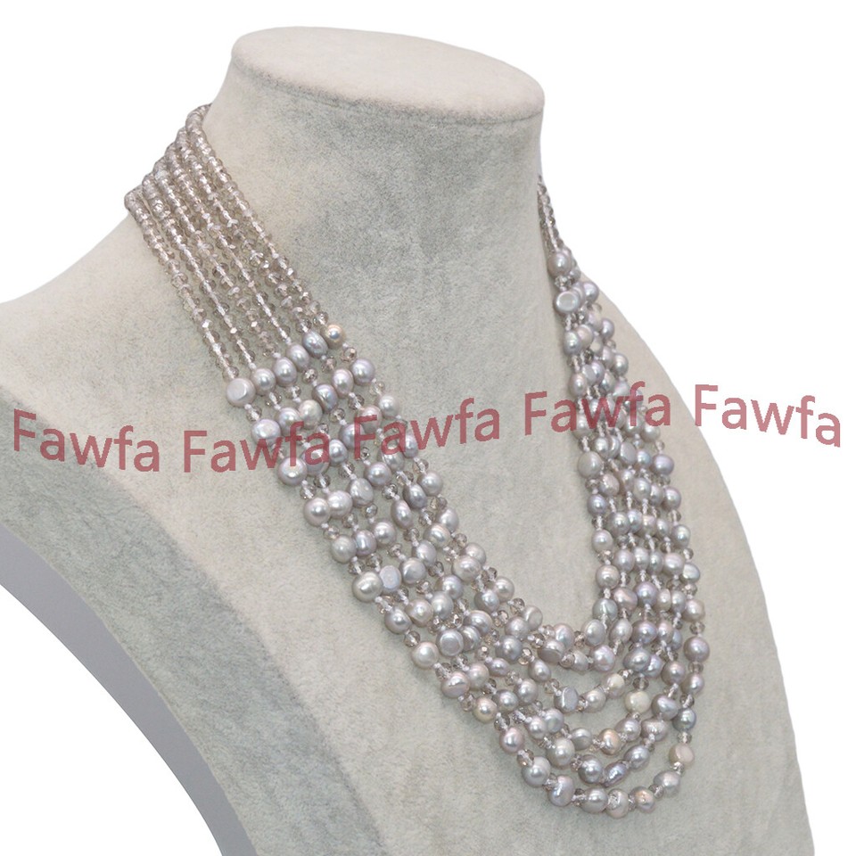 6 Rows 3x4mm Clear Gray Crystal 7-8mm Silver Baroque Pearl Necklace 18 ...