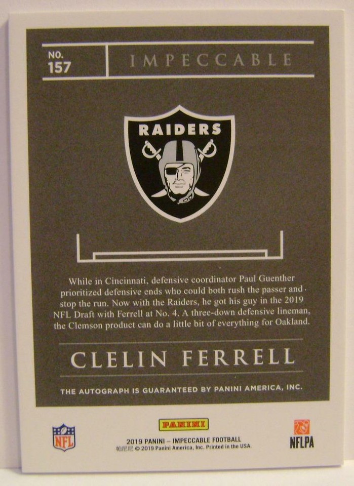 CLELIN FERRELL RC ROOKIE CARD /75 AUTO IMPECCABLE PANINI FOOTBALL 2019 ...