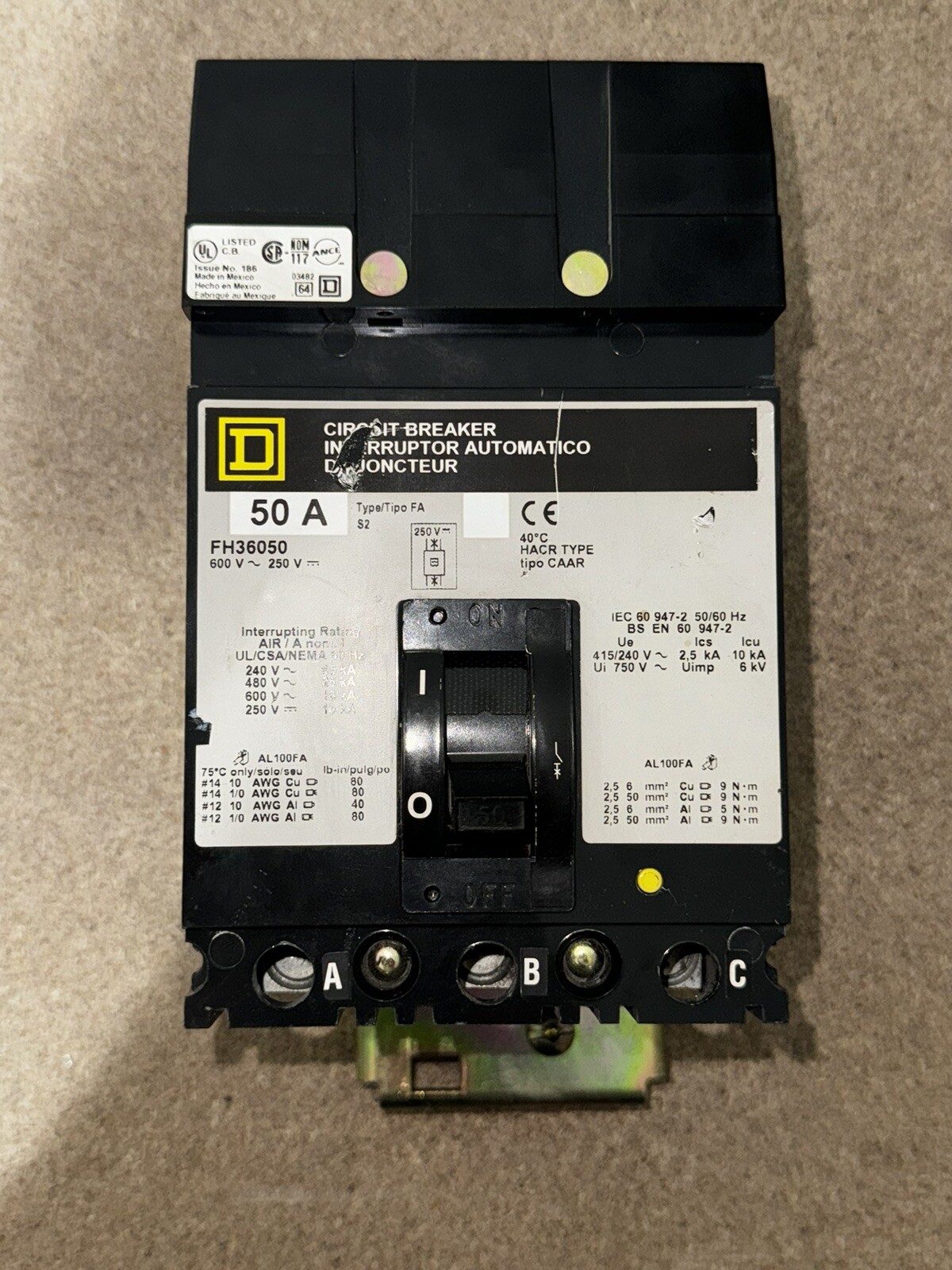 Square D FH36050 50A 600V Molded Case Breaker - Black for sale online ...