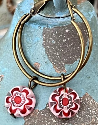 Bronze Lever Back Hoops with Red Funky Flower Millefiori Earrings. | eBay