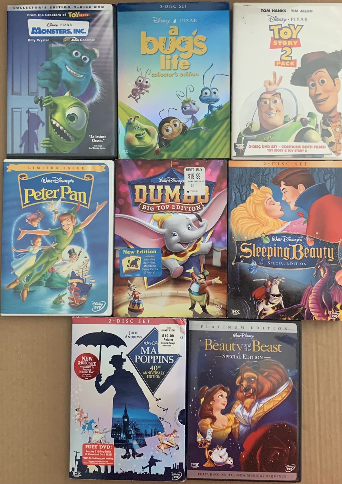 Lot of 8 Disney Pixar DVD Peter Pan Dumbo Toy Story Sleeping Beauty ...