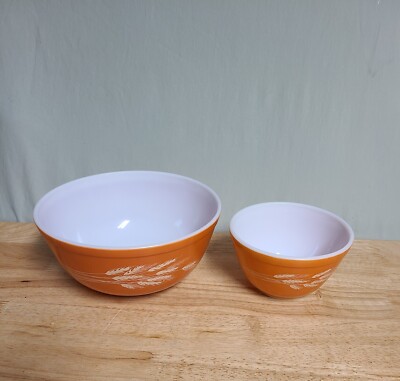 VINTAGE PYREX BOWL 401 & 403 BROWN AUTUMN HARVEST WHEAT NESTING BOWLS ...