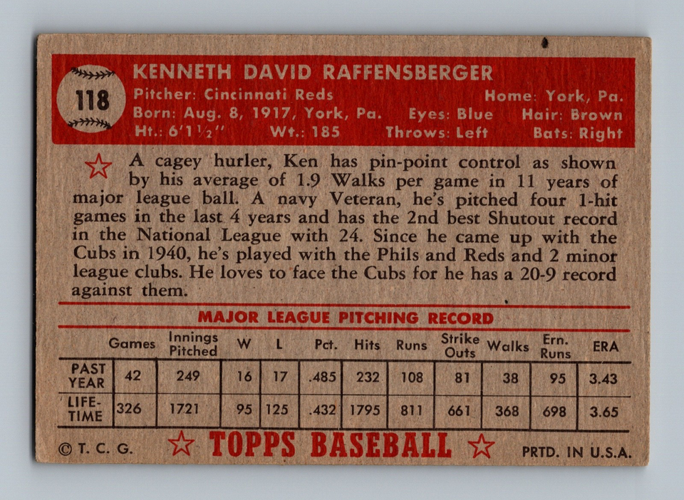1952 Topps #118 Ken Raffensberger VG-VGEX Vintage Baseball Card (A1) | eBay