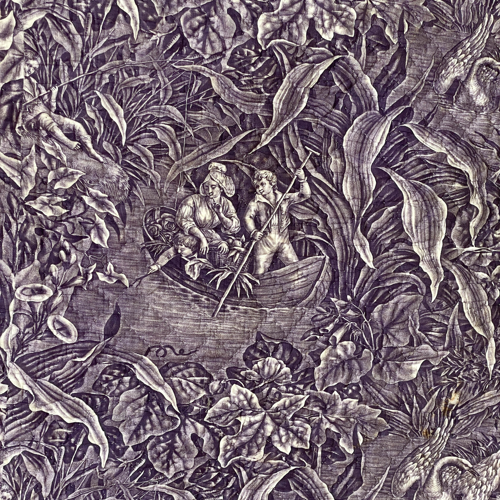Fishing toile de Alsace 1815 Antique French quilted textile Purple ...