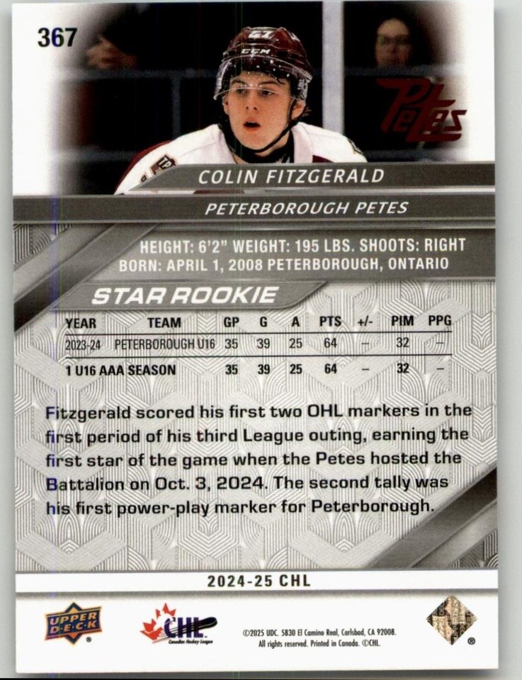 2024-25 Upper Deck CHL Colin Fitzgerald #367 Peterborough Petes | eBay