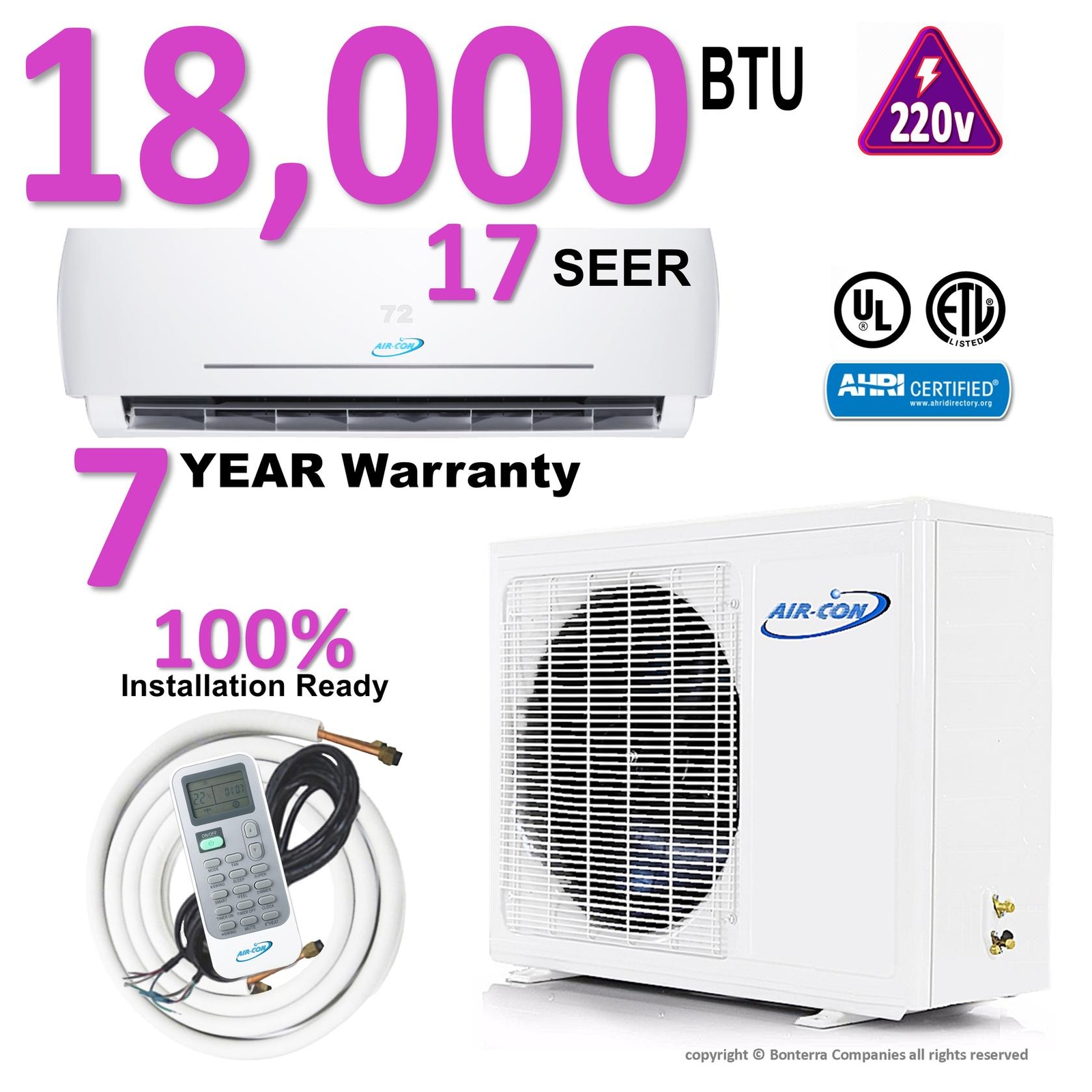 Air-Con 18000 BTU Ductless Air Conditioner Heat Pump Mini Split AC 17 ...