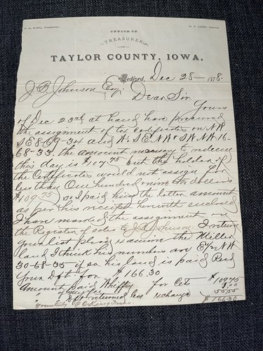 Antique 1878 Signed Letter: Taylor County Iowa Treasurer Letterhead ...