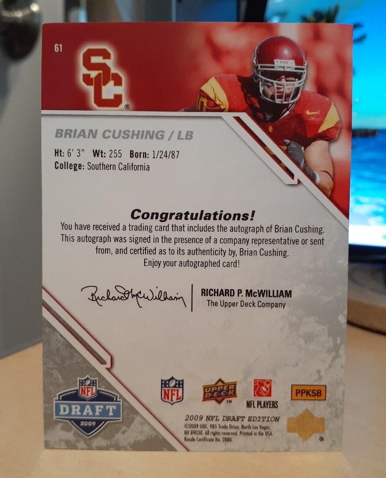 2009 BRIAN CUSHING UPPER DECK DRAFT ROOKIE AUTO USC TROJANS HOUSTON ...