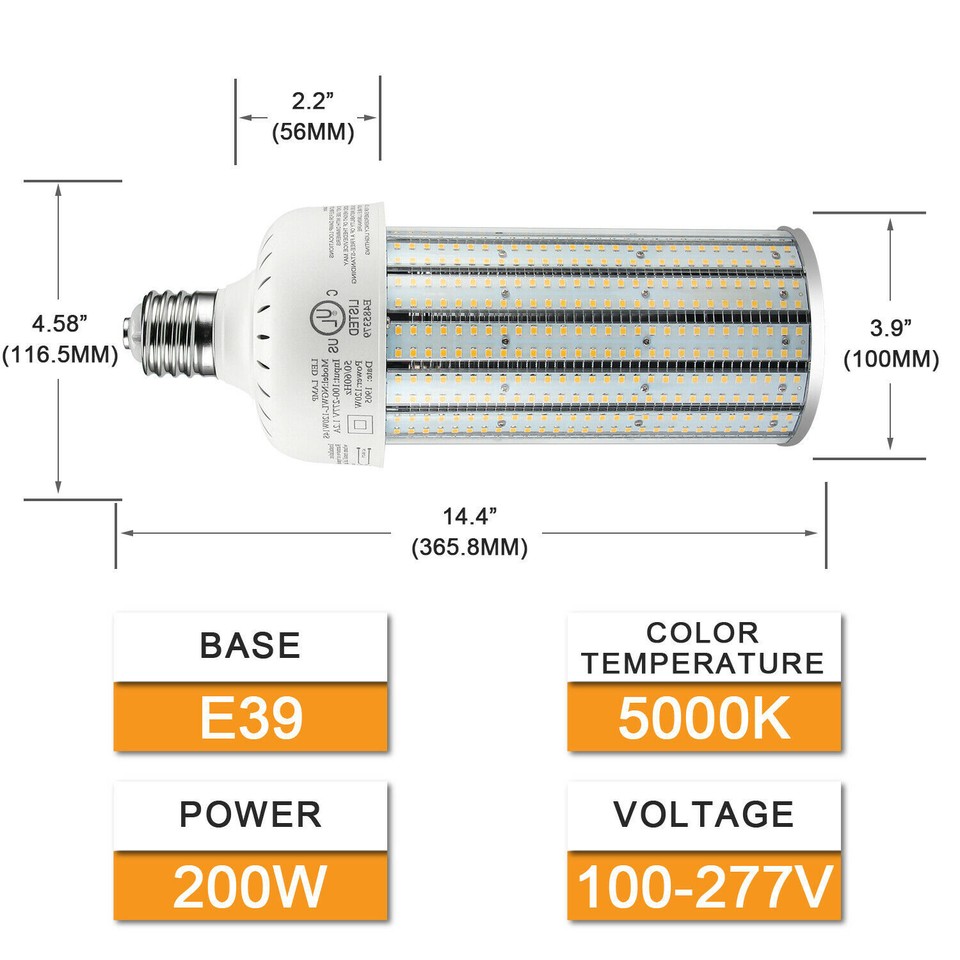 200W LED Corn Cob Bulb E39 Mogul Base Replace 1000W MH/HPS High Bay ...