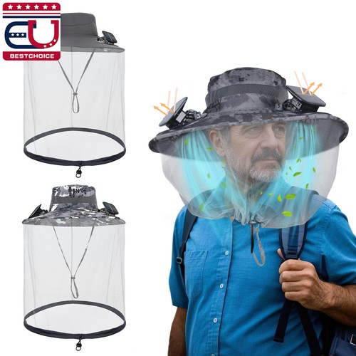 Mosquito Head Face Net Outdoor Fishing Hat Sunscreen Flap With 2 Solar ...