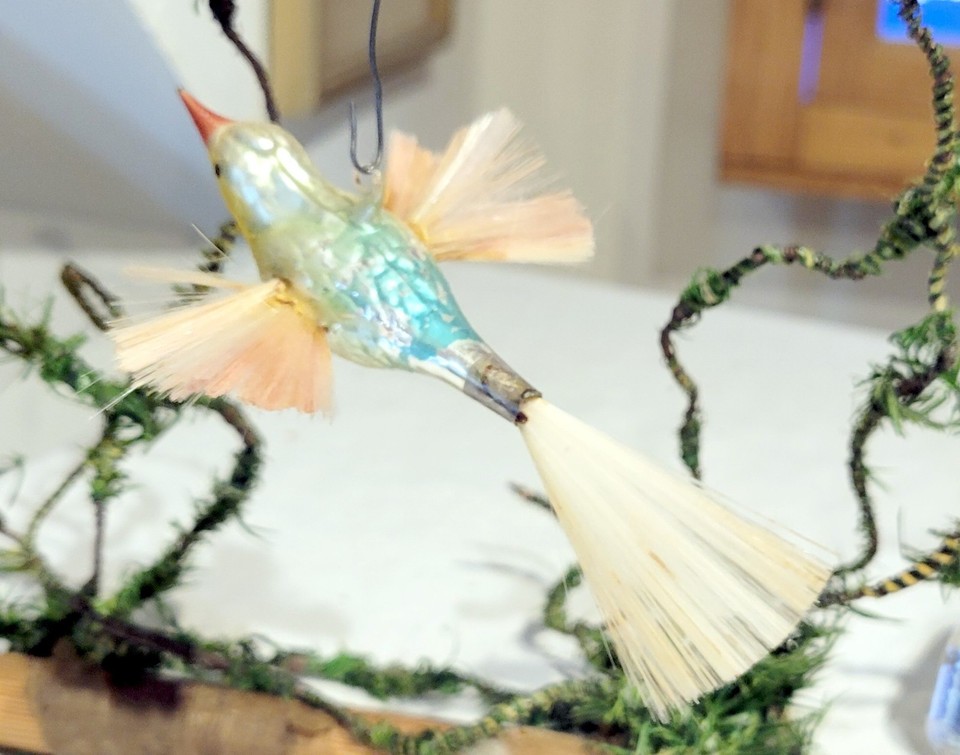 Smaller Bright Bird, Pink Spun Glass Wings & Tail. Early 1900s German ...