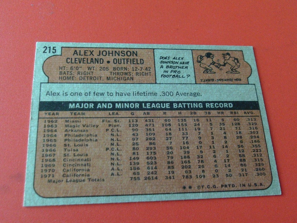 1972 TOPPS # 215 ALEX JOHNSON INDIANS NEAR MINT / MINT OR BETTER !! | eBay