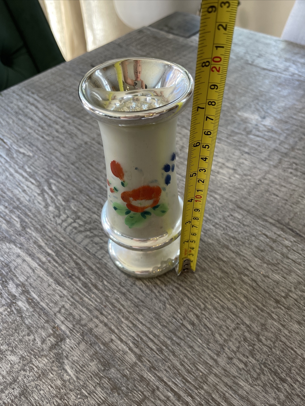 Vtg Antique Victorian Silver MERCURY Glass VASE Flowers Hand Painted ...