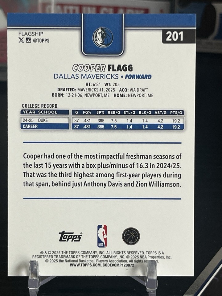 2025 Topps NBA #201 BASE RC ROOKIE COOPER FLAGG MAVERICKS Dallas ...