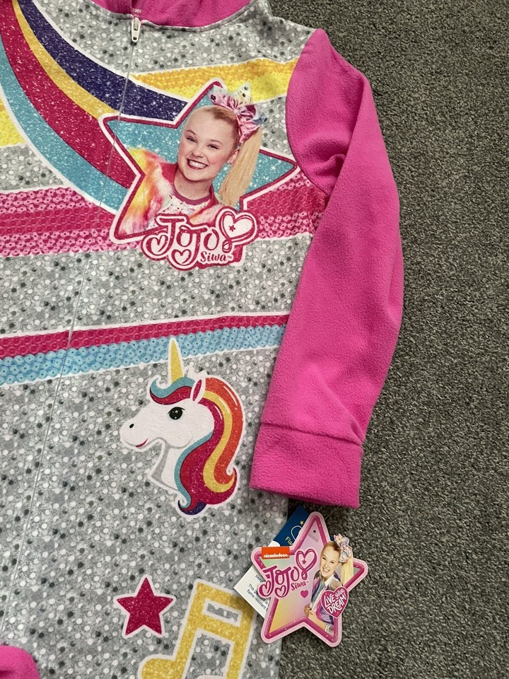 NWT JoJo Siwa Pink Grey Hooded One-Piece Fleece Pajamas Girl Size 6/6X ...