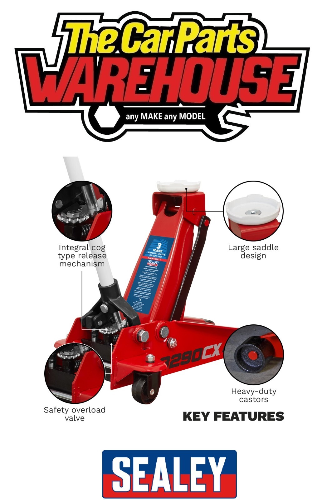 Sealey 3290CX Trolley Jack 3 Ton Compact Hydraulic tonne car van garage ...