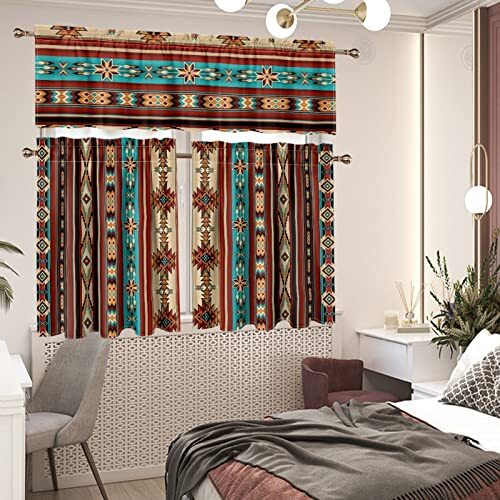 Southwestern Aztec Pattern Rod Pocket Kitchen Window Tier Valances Set ...