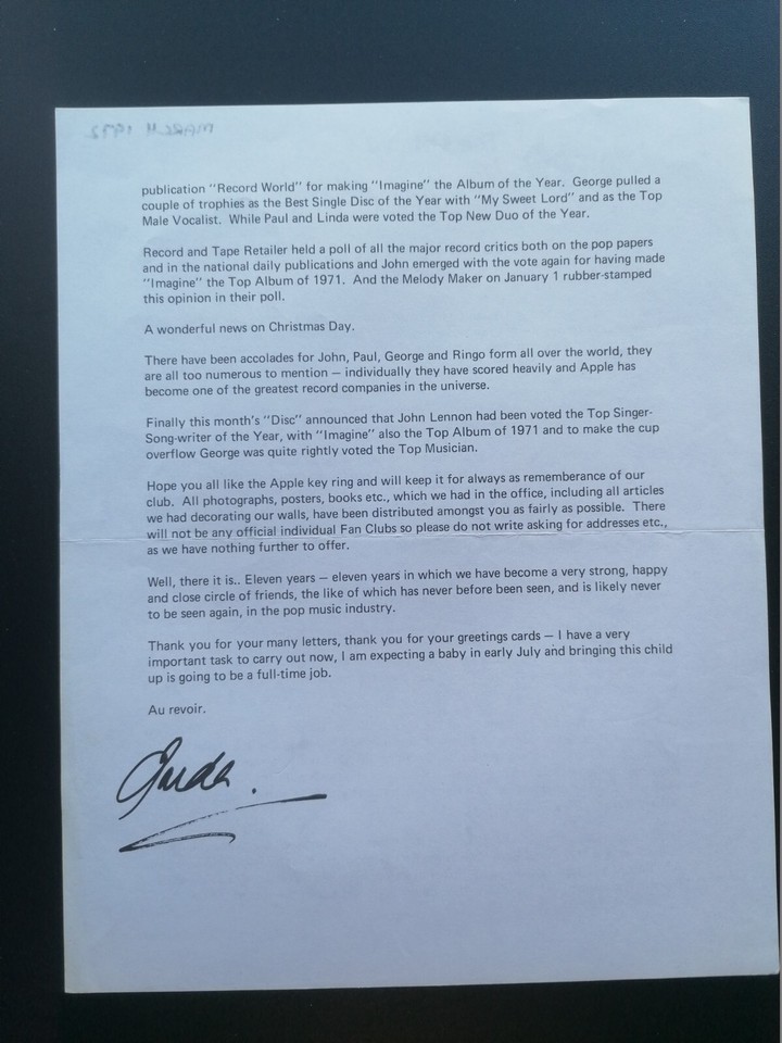 THE BEATLES 1972 UK LAST EVER FAN CLUB LETTER FREDA KELLY | eBay