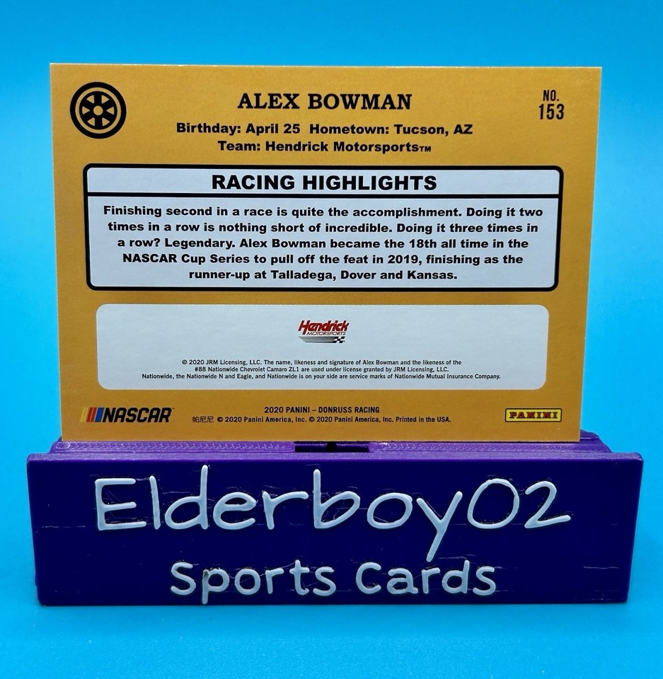 Alex Bowman /88 Numbers Black 2020 Panini Donruss Racing Nascar | eBay