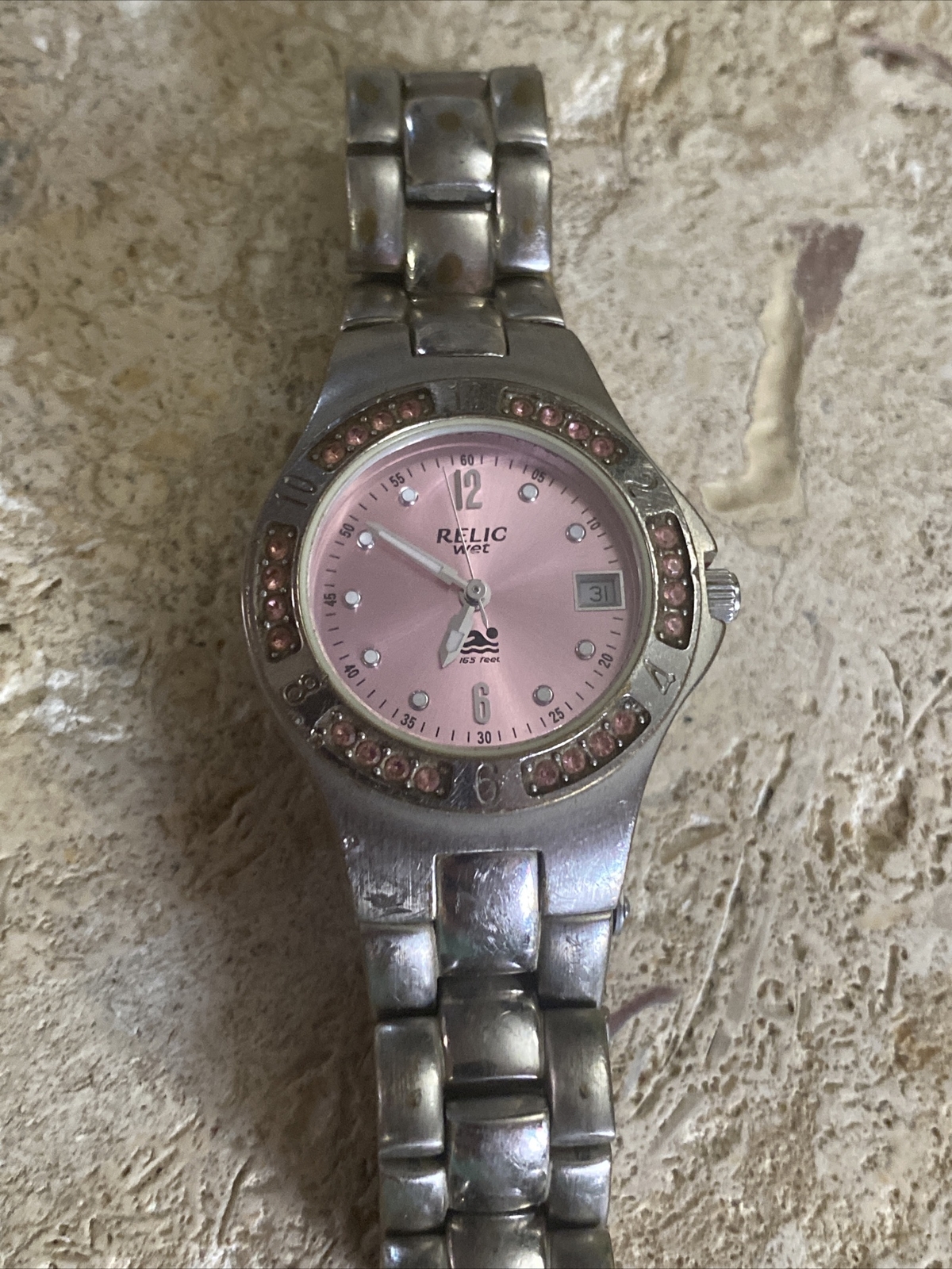 Stainless Steel Relic Wet Women's Crystal Bezel Pink Face Sport Watch ...