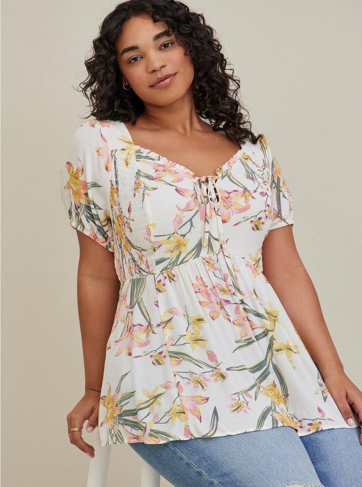 Torrid Sz 5 White Floral Babydoll Crinkle Gauze Smocked Back Puff ...