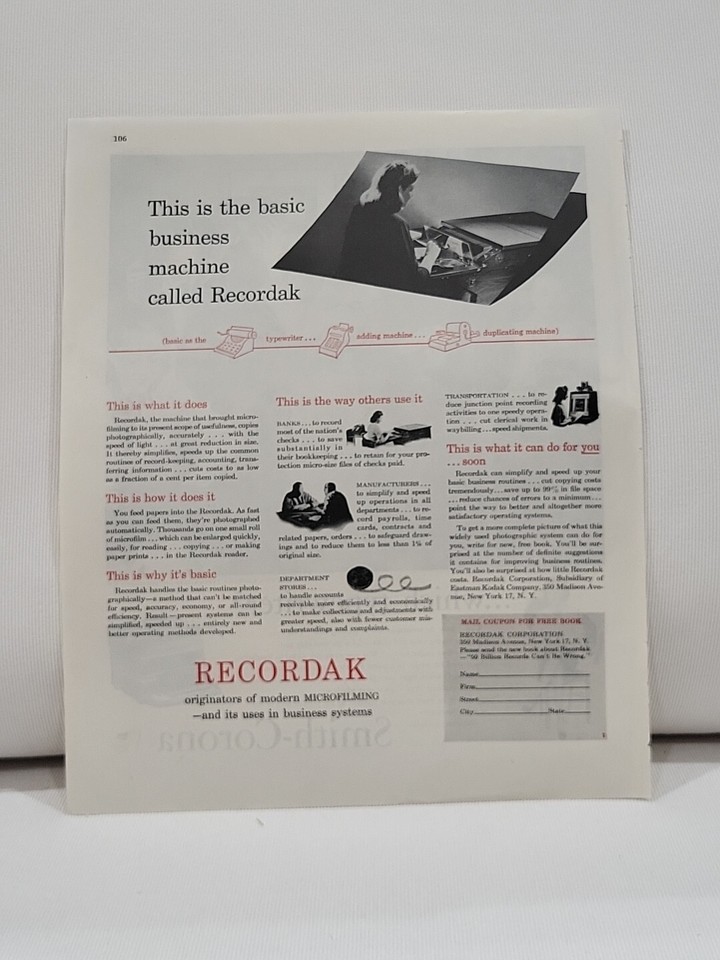 1945 Recordak Microfilming Machine Fortune WW2 X-Mas Print Ad Secretary ...