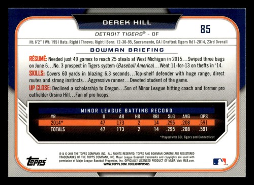 2015 Bowman Draft - Chrome - #85 Derek Hill - Detroit Tigers | eBay
