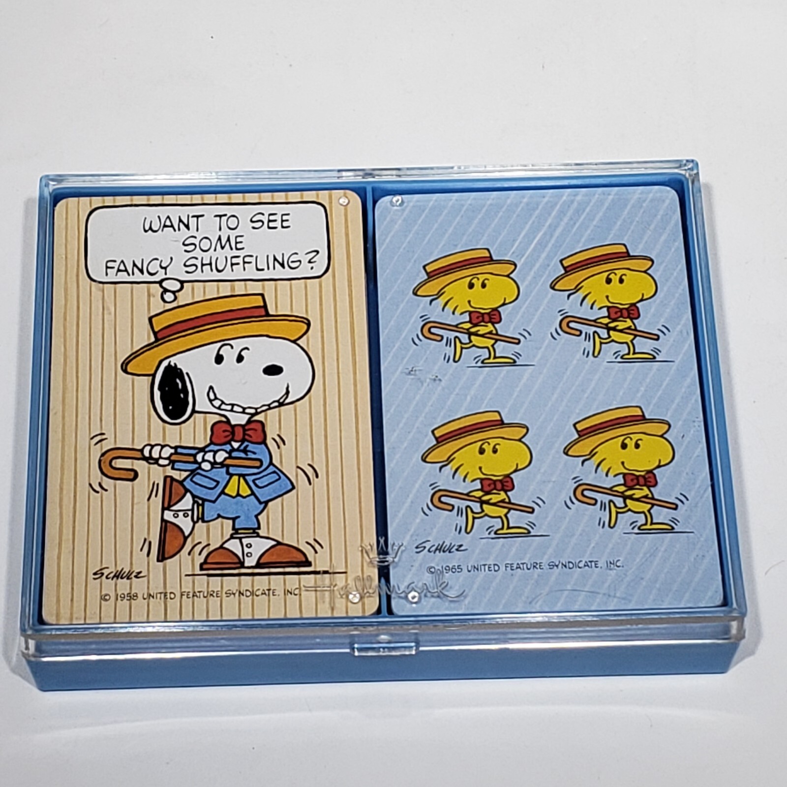 VTG Peanuts Fancy Shuffling Snoopy Woodstock Playing Cards 2 Decks Case ...