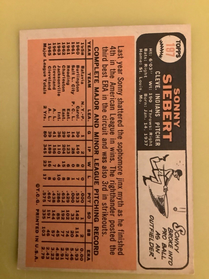 1966 Topps #197 Sonny Siebert Cleveland Indians | eBay