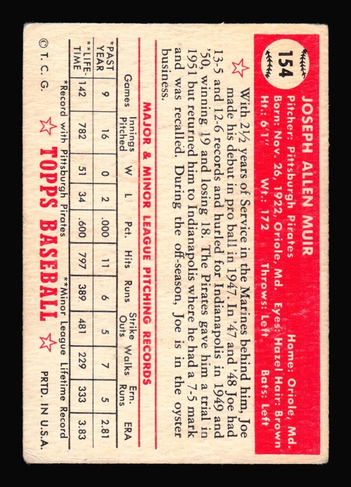 1952 Topps #154 Joe Muir VG+ CENTERED Set Break J&J 011 | eBay