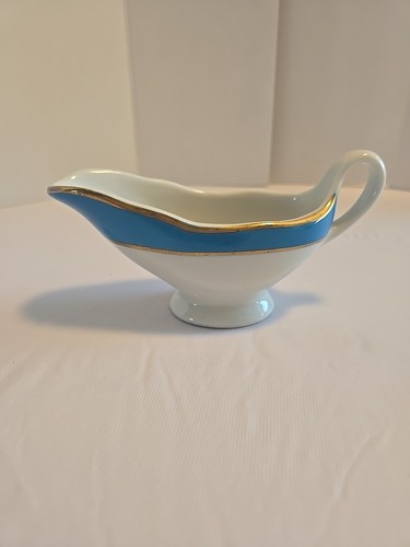 Jackson China Gravy Boat Footed Blue White Gold Trim MCM Vintage ...